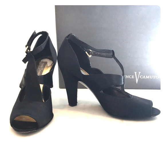 Vince Camuto | Shoes | Vince Camino Black Satin Tstrap Heels | Poshmark